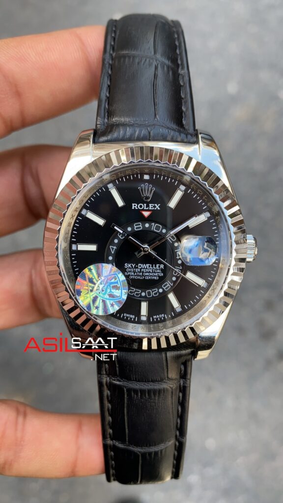Rolex Sky Dweller Deri Kordon Siyah Kadran 42 mm 326934 Leather Black Silver Replika Saat ROLSKY004