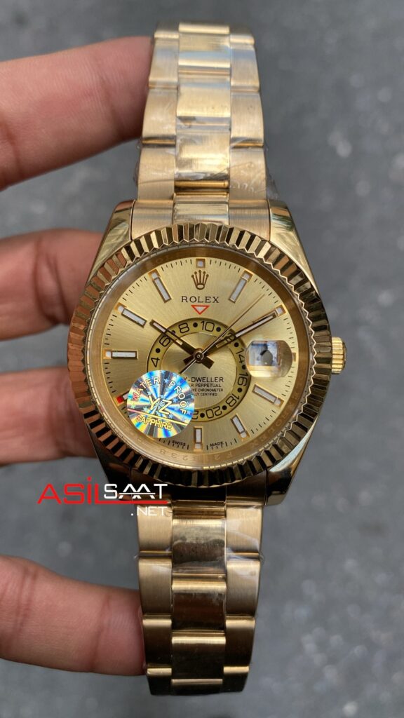 Rolex Sky Dweller Champagne Oyster 42 mm 326938 Gold Replika Saat Dial ROLSKY016