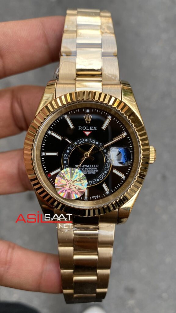 Rolex Sky Dweller Siyah Kadran 42 mm 326938 Black Gold Replika Saat Dial ROLSKY010