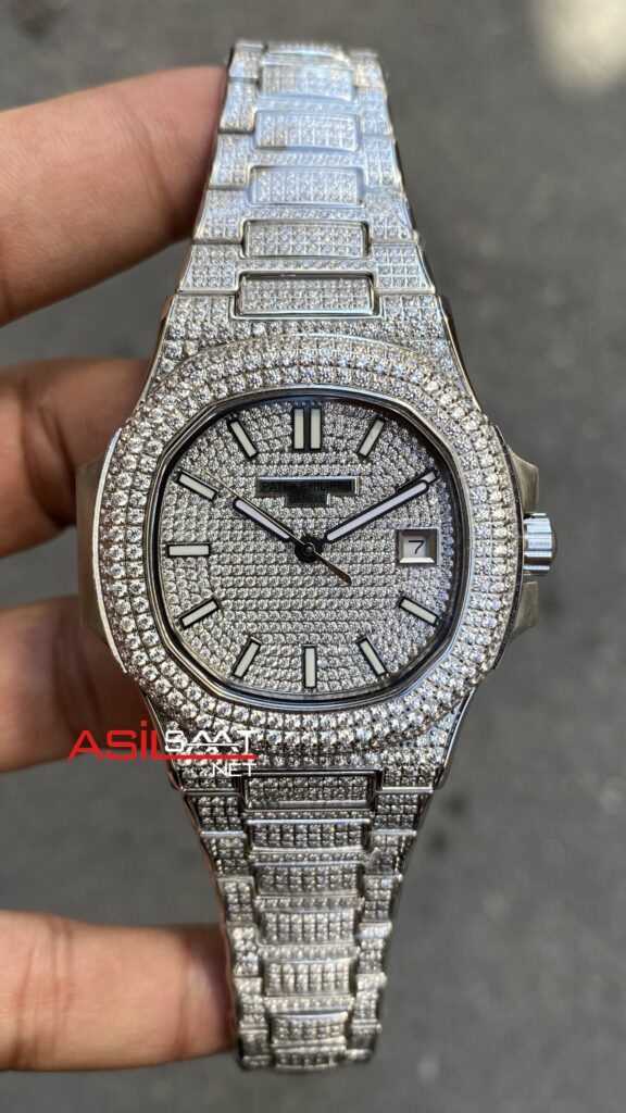 Patek Philippe Nautilus Diamond 40 mm 5719/10G-010 Silver Replika Saat ...