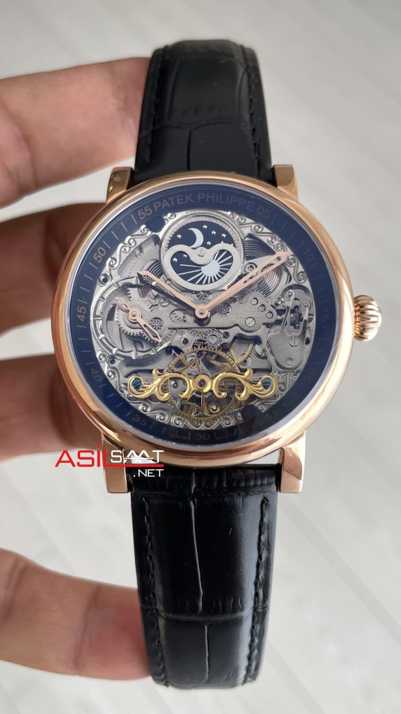 Patek Philippe Geneve Tourbillon İskelet Siyah Kadran 42mm Rose Skeleton Replika Saat